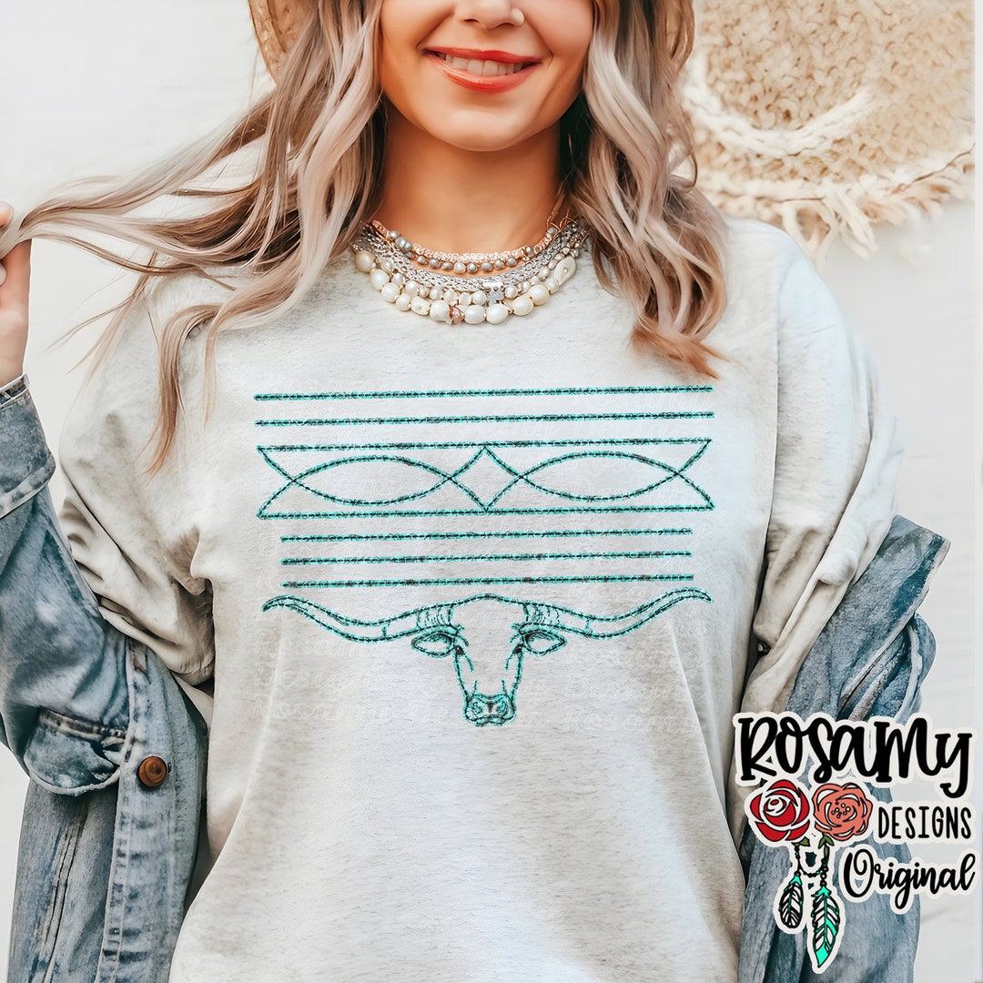 Western Boot Stitch Shirt, Long Horn, Turquoise, Tshirt, Tee, Cowgirl ...