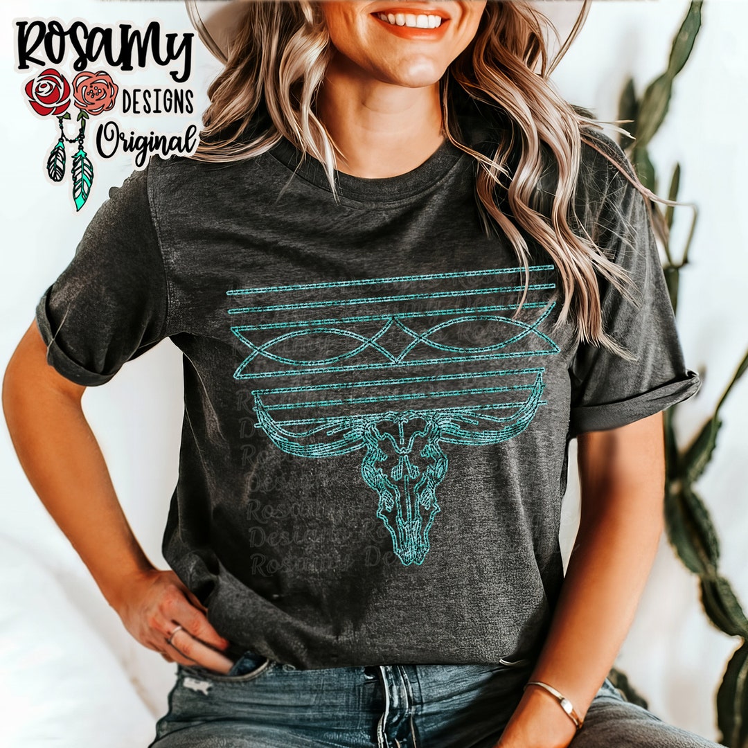 Western Boot Stitch Shirt, Bull Skull, Turquoise, Tshirt, Tee, Cowgirl ...