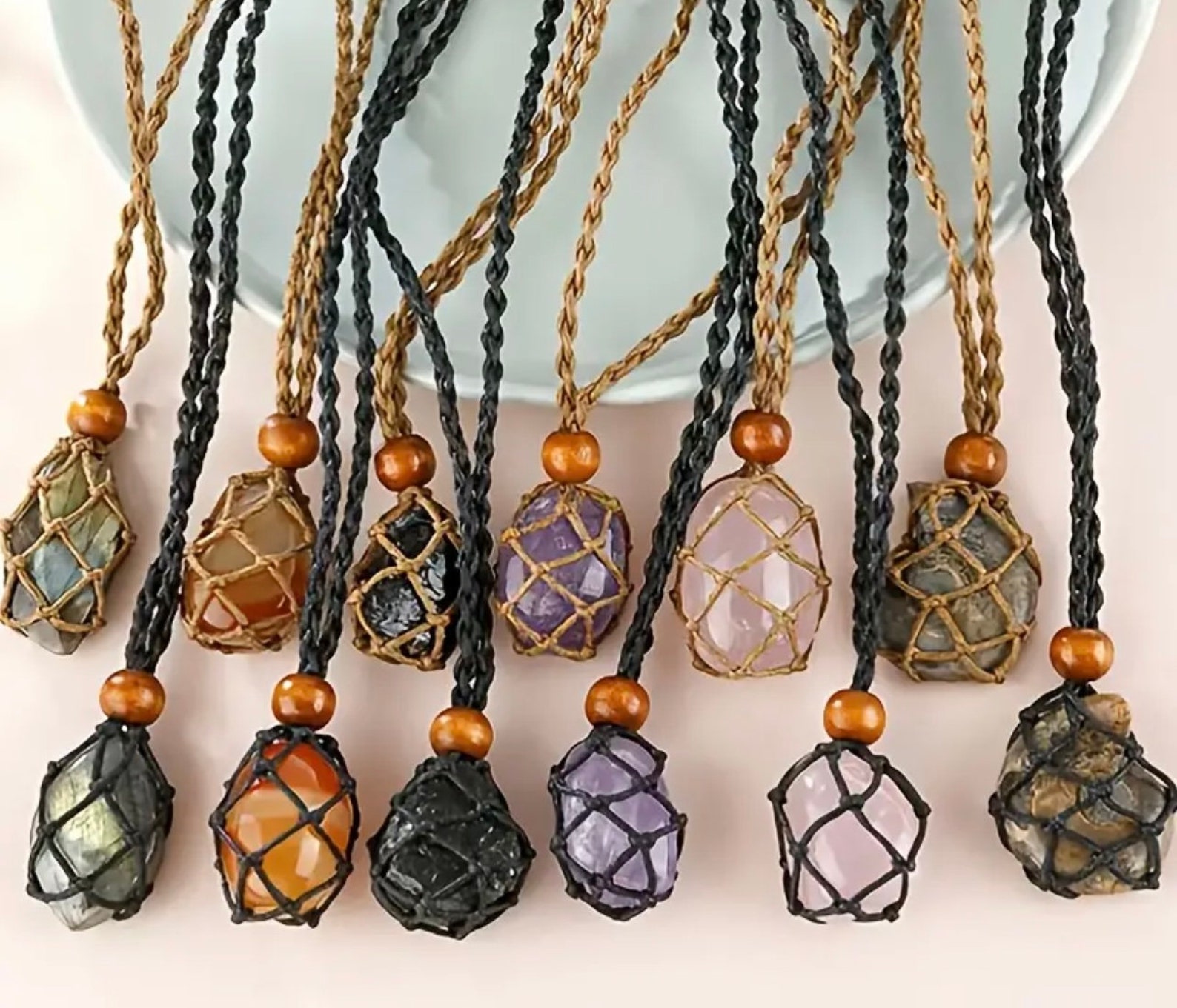 Macrame Crystal Net Pouch Necklace / Adjustable Stone Cage Necklace ...