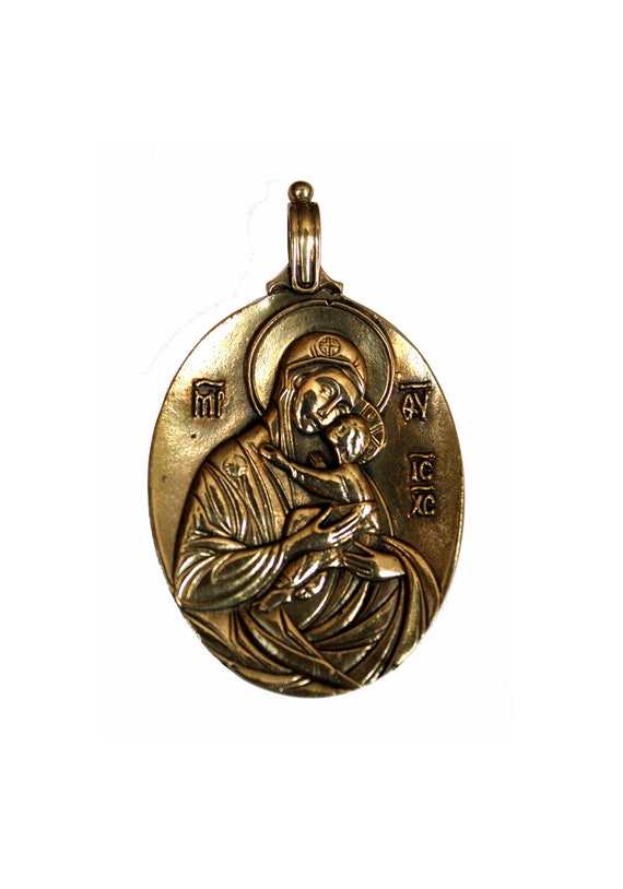 Vintage Russian Orthodox Solid Brass Icon-Pendant Vir… - Gem