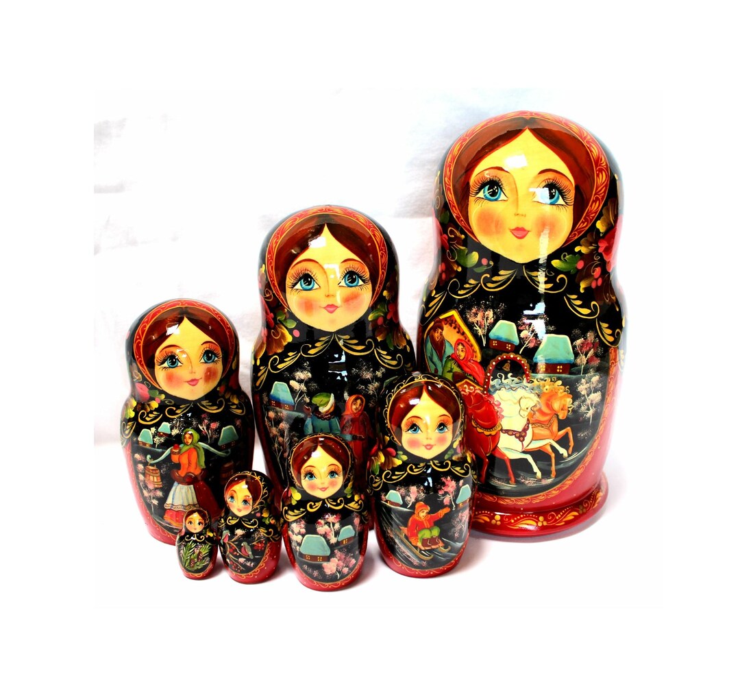 Vintage Russian Troika & Village Scenes Nesting Doll Matrioshka Hand ...