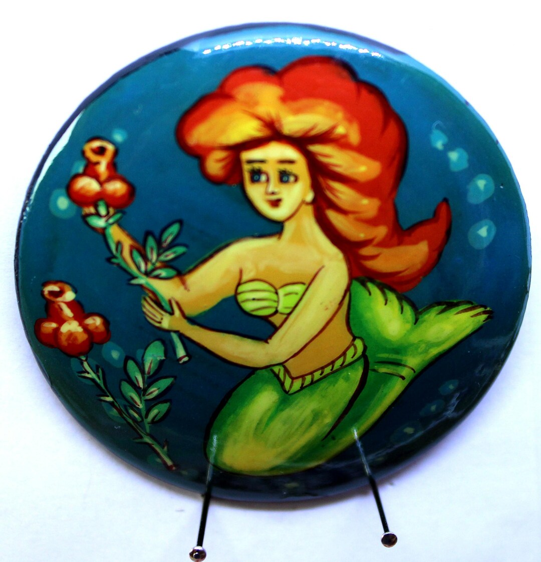 Vintage Lacquered Papier-mache Brooch, Little Mermaid Hand-painted ...