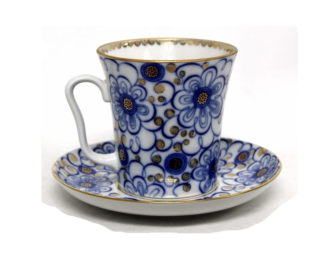 Vintage Lomonosov Porcelain Coffee Mug & Saucer, Blue Floral, Russian ...