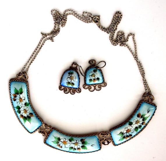 Vintage Russian Unique Handmade and Hand Painted Enamel Set Earrings and Necklace Finift Technique JEWELRY Intricate Handmade Filigree 35a Etsy