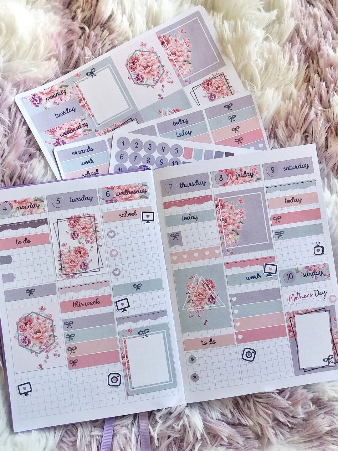 Vertical Weekly Planner Sticker Kit | Pink Peonies | Functional Sheets ...