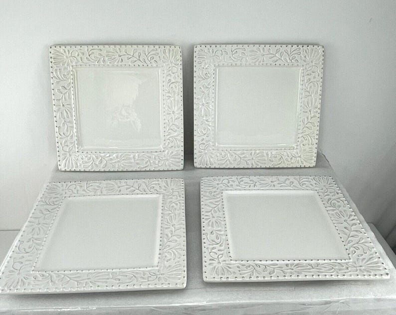 Set of 4 American Atelier Bianca Leaf Square Dinner Plates Raised ...
