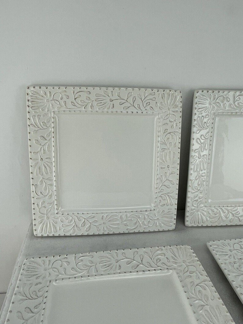 Set of 4 American Atelier Bianca Leaf Square Dinner Plates Raised ...
