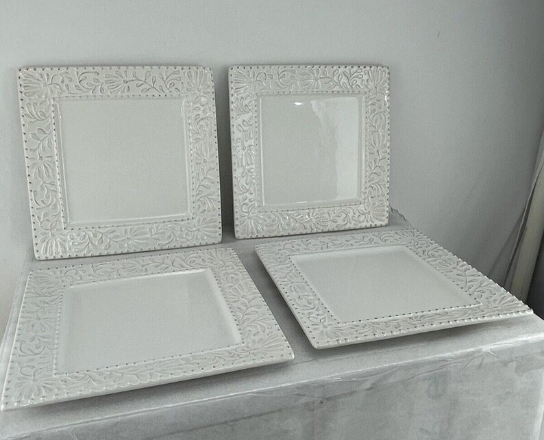 Set of 4 American Atelier Bianca Leaf Square Dinner Plates Raised ...