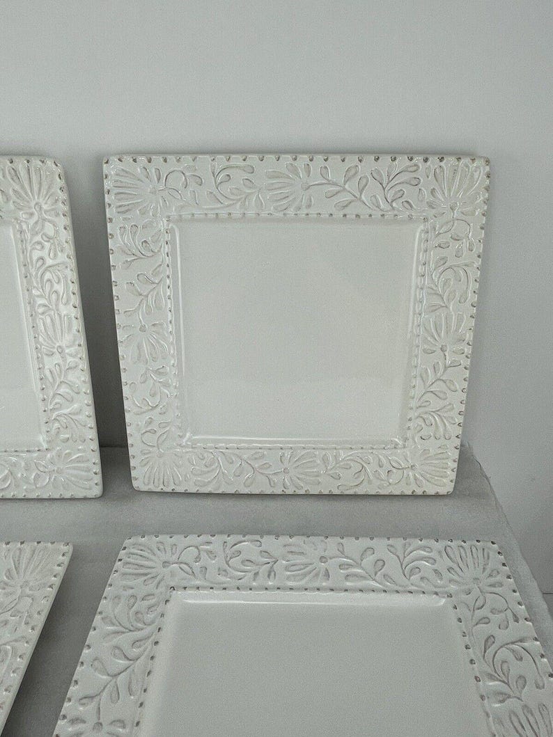 Set of 4 American Atelier Bianca Leaf Square Dinner Plates Raised ...