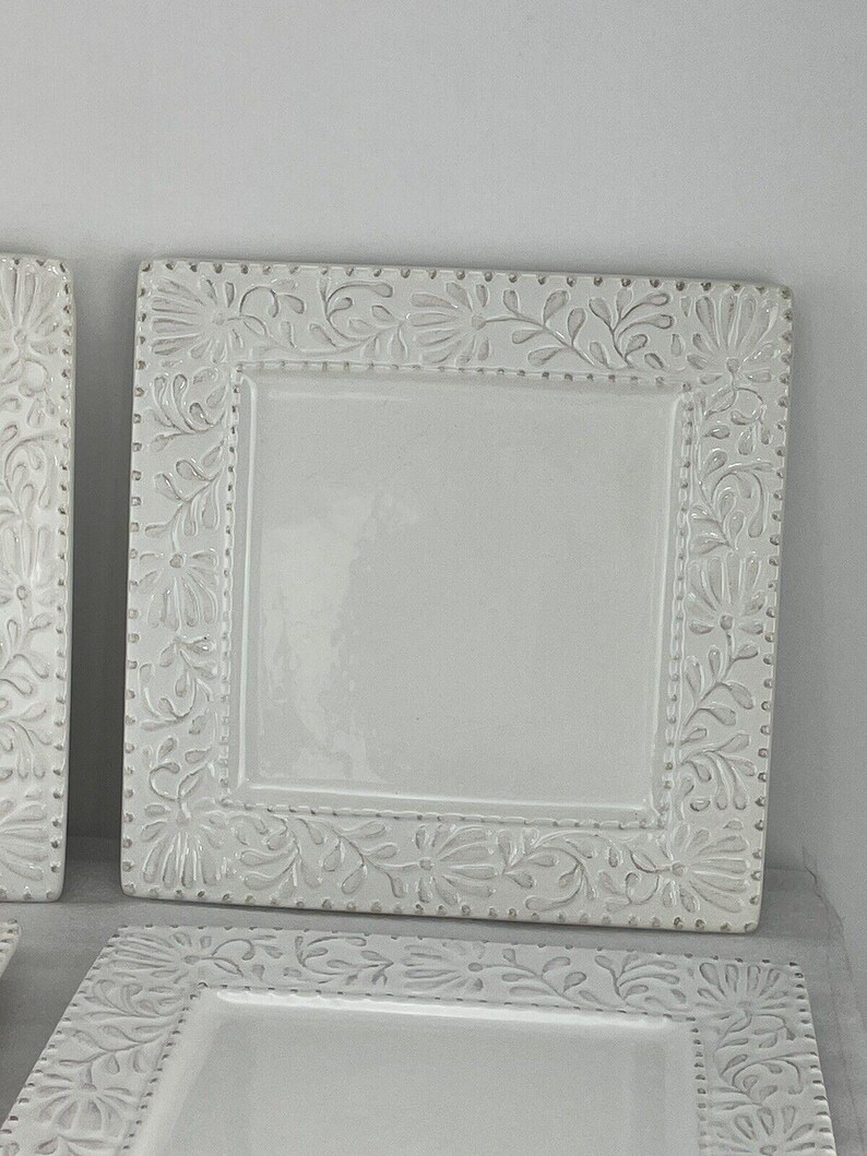 Set of 4 American Atelier Bianca Leaf Square Dinner Plates Raised ...