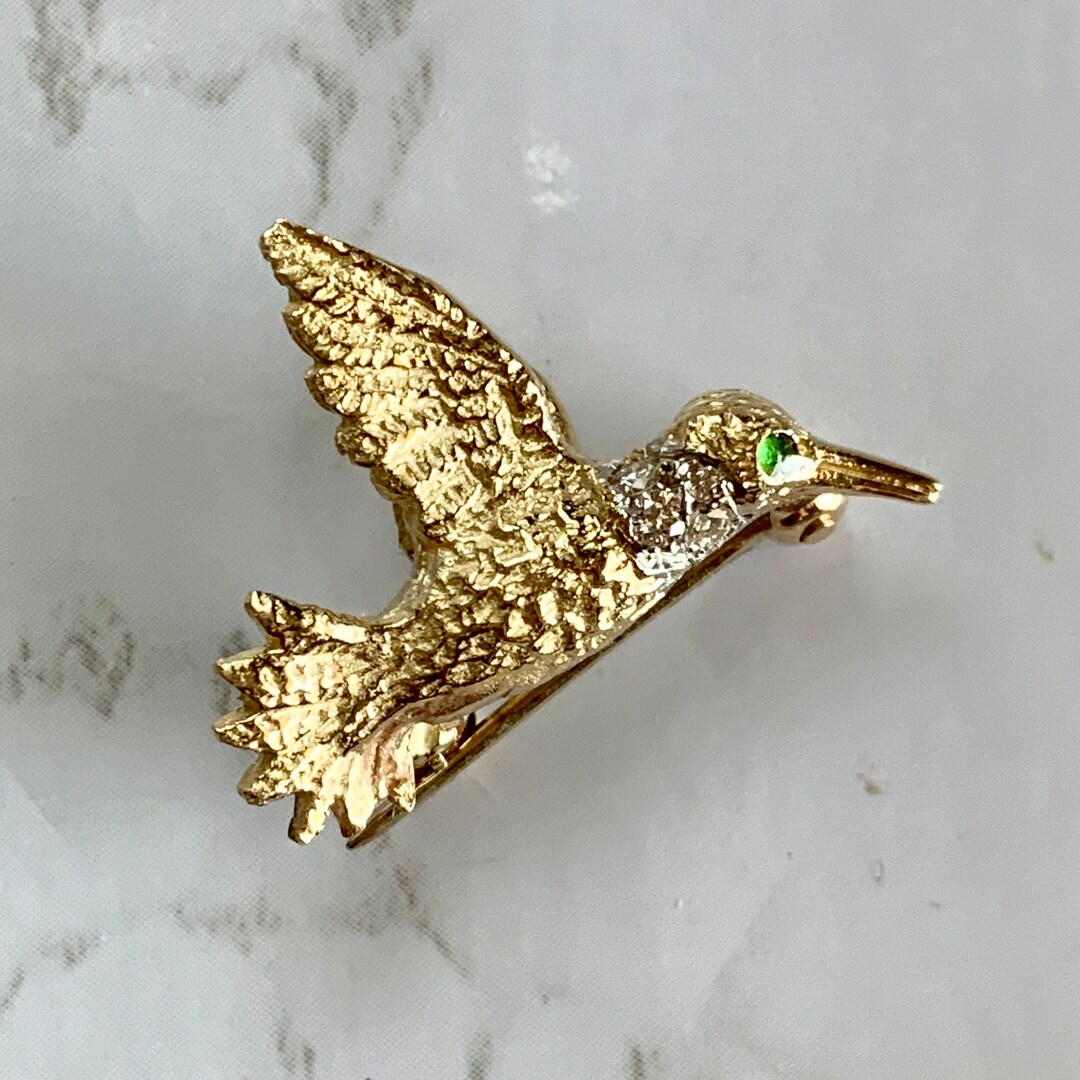 Vintage 14K Gold Two-tone Hummingbird Pin Brooch W/ .15ctw in Diamonds ...