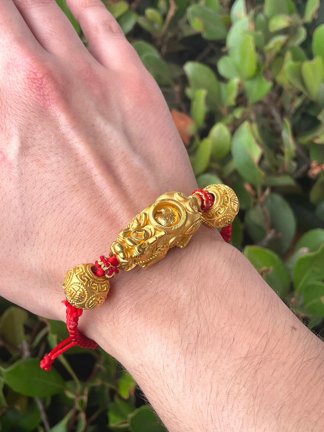 24K Pure Gold Large Foo Dog Koi Fish Red String Good Fortune Chinese ...