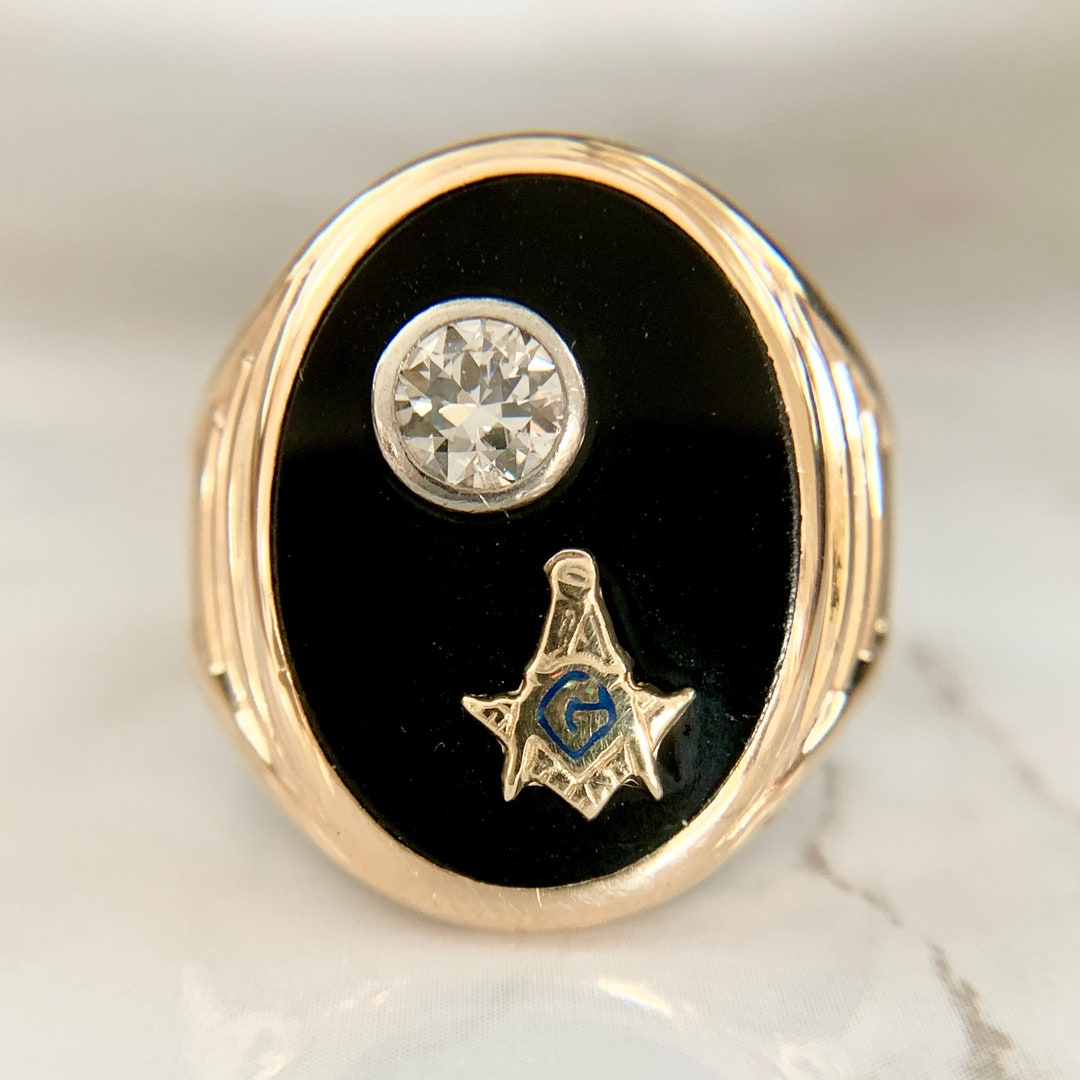 Vintage 10K Yellow Gold Freemason Onyx Ring W/ .51ct VS Old Euro Cut ...