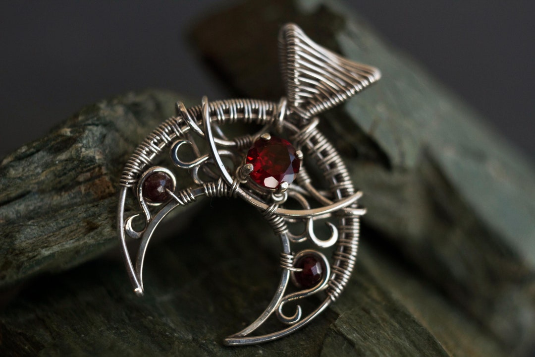 Sterling Silver Crescent Moon Pendant, Red Garnet Necklace, Protection ...