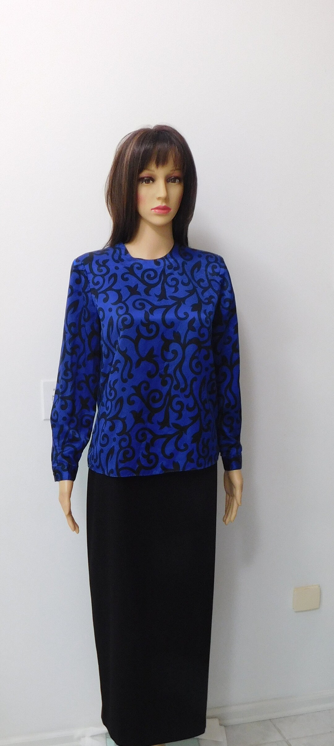 Vintage Kasper Blouse-office Wear-silky Shiny Blue With Black Pattern ...