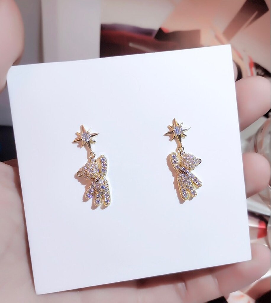 Crystal Teddy Bear Earrings Teddy Bear Earrings Cute Earrings Statement Earrings Silver Dangle ...