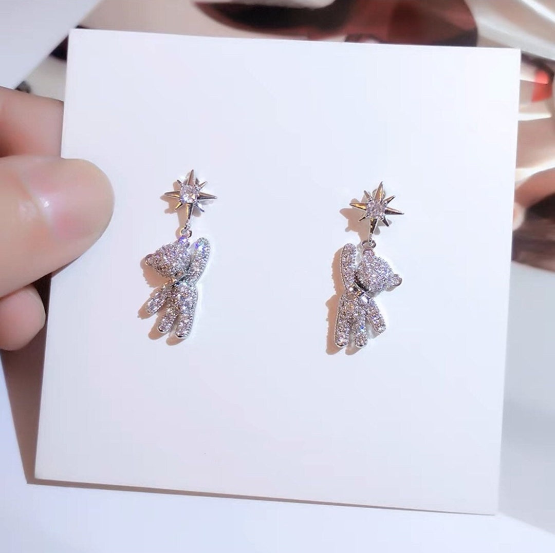 Crystal Teddy Bear Earrings - Teddy Bear Earrings - Cute Earrings - Statement Earrings - Silver ...