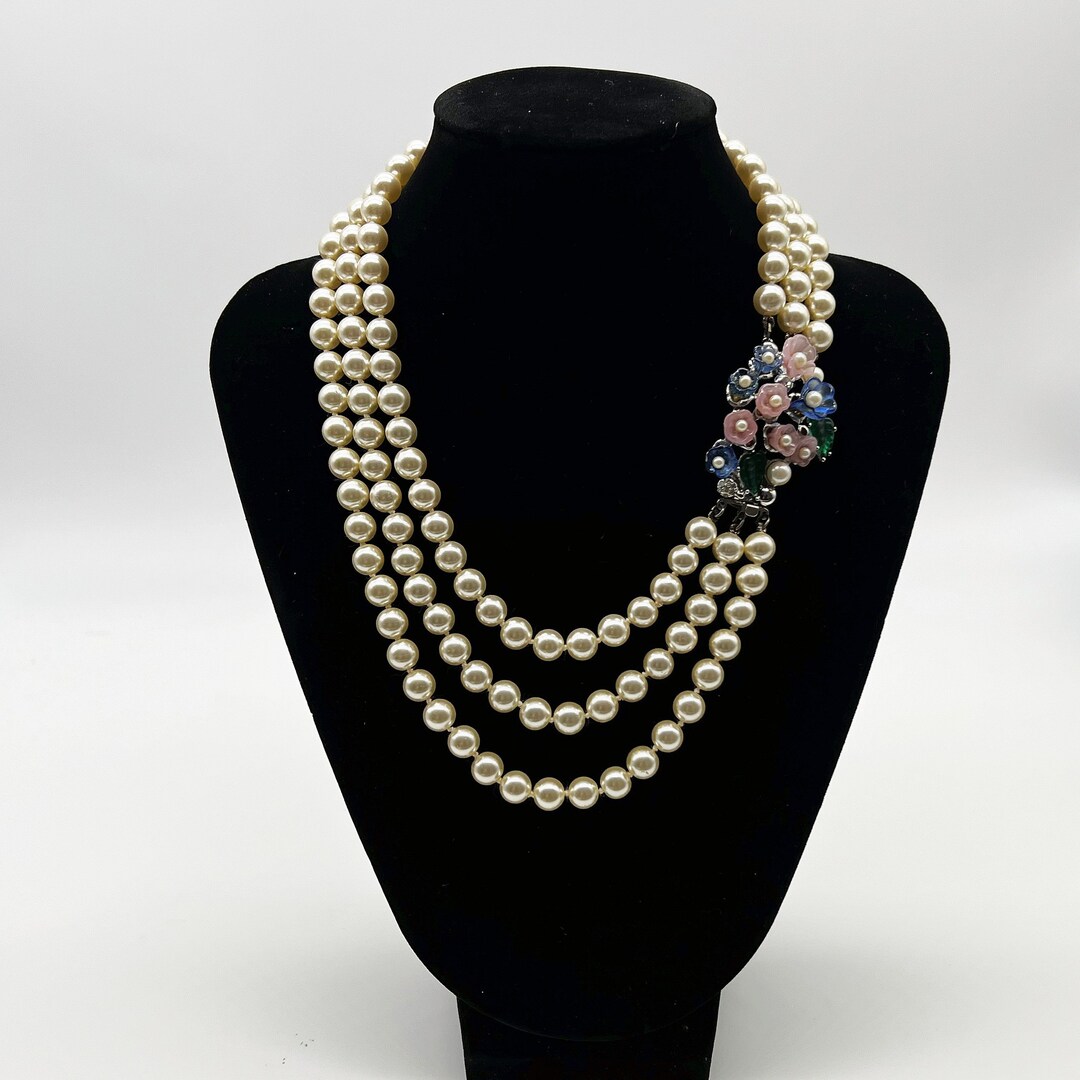 Necklace Pearls by L'officiel, Three Strands of Glass Pearls ,clasp in ...
