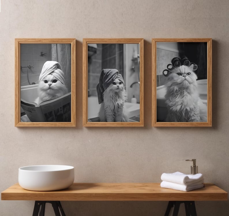 Bathroom Cat Print | 3 Sets Funny Posters | Cat Funny Bathroom Wall ...