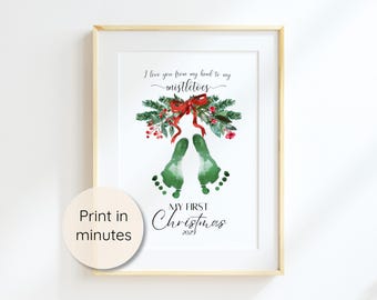 Personalized Christmas Footprint Art Printable Baby Mistletoe Keepsake ...
