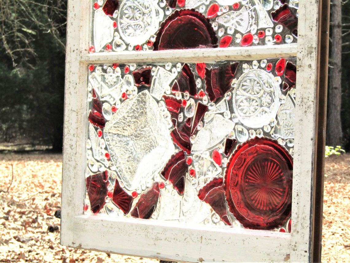 Vintage Wood Framed Farmhouse Window Sun Catcher With Ruby Glass Ware ...