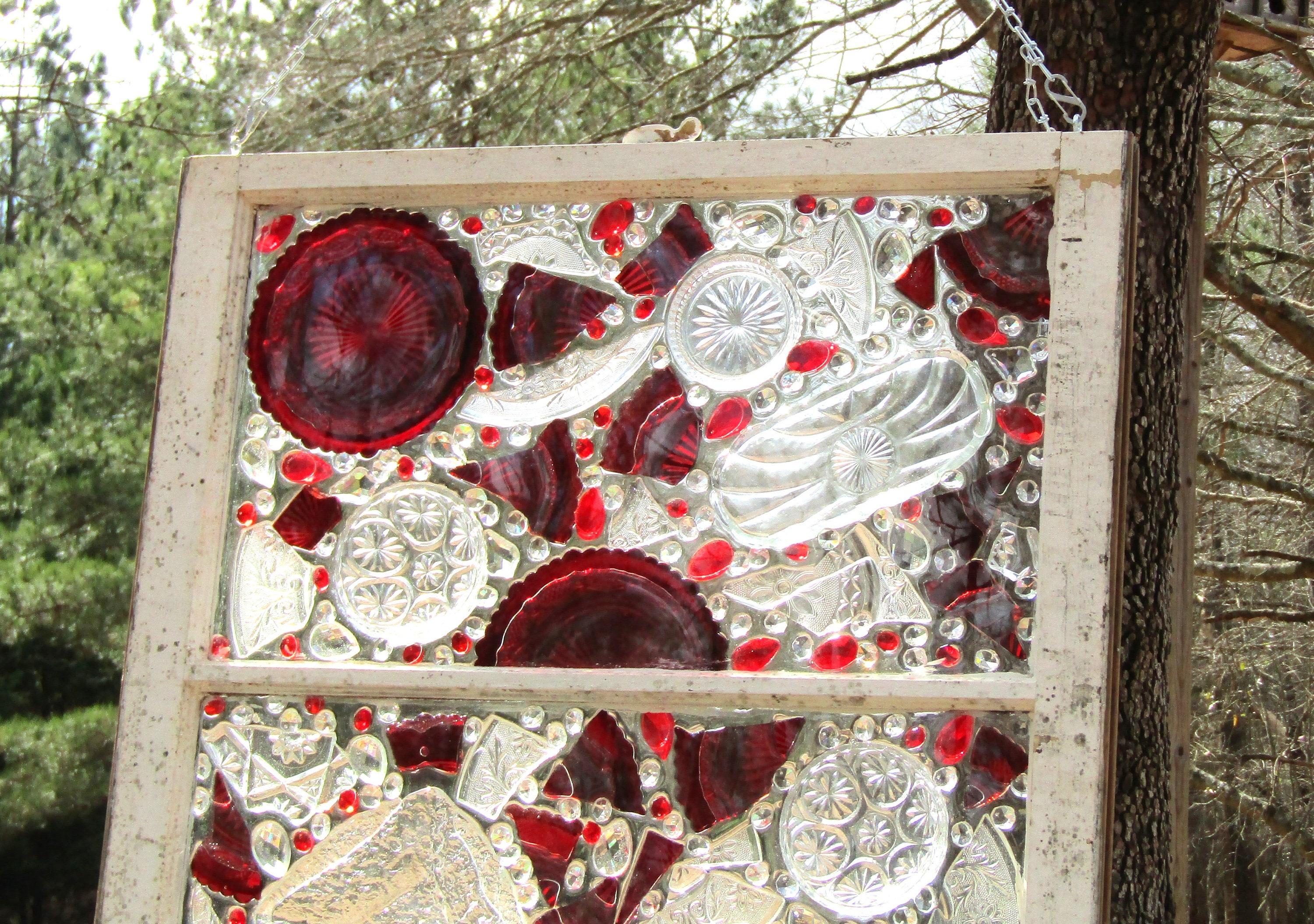 Vintage Wood Framed Farmhouse Window Sun Catcher With Ruby Glass Ware ...