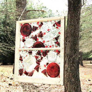 Vintage Wood Framed Farmhouse Window Sun Catcher With Ruby Glass Ware ...