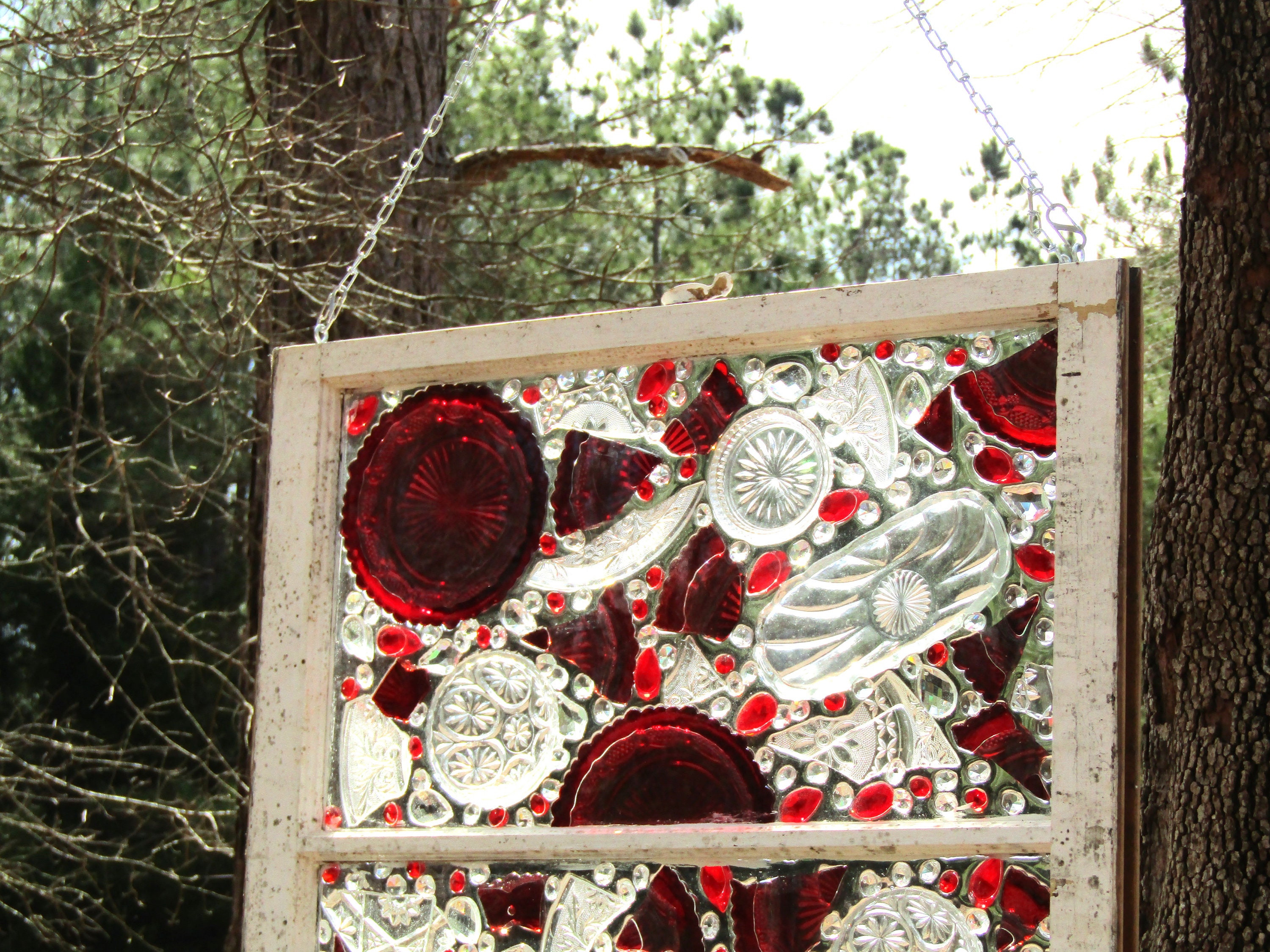 Vintage Wood Framed Farmhouse Window Sun Catcher With Ruby Glass Ware ...