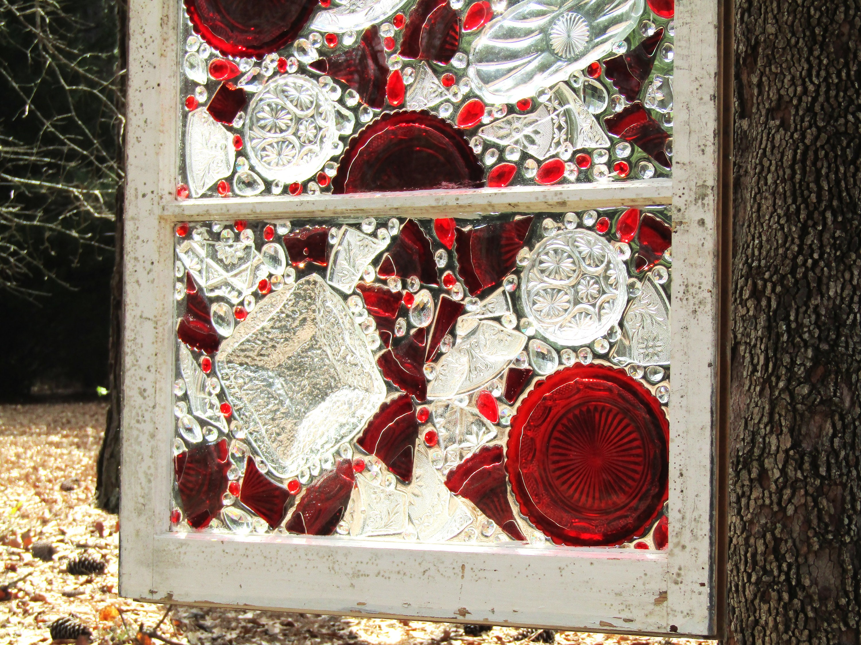 Vintage Wood Framed Farmhouse Window Sun Catcher With Ruby Glass Ware ...