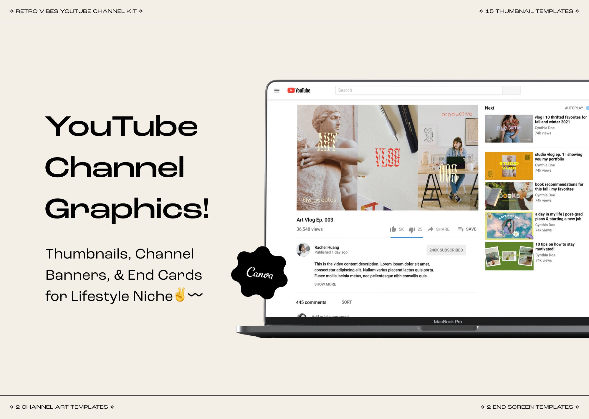 Retro Vibes Lifestyle Youtube Channel Kit | 15 Thumbnails, 2 Banners, 2 ...