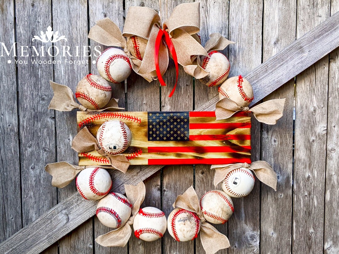 American Flag-baseball Wreath With Burlap Bow-made With REAL Baseballs ...