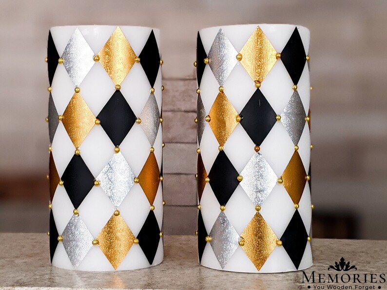 Harlequin Pillar Candle, Gold, Silver, & Black - Etsy
