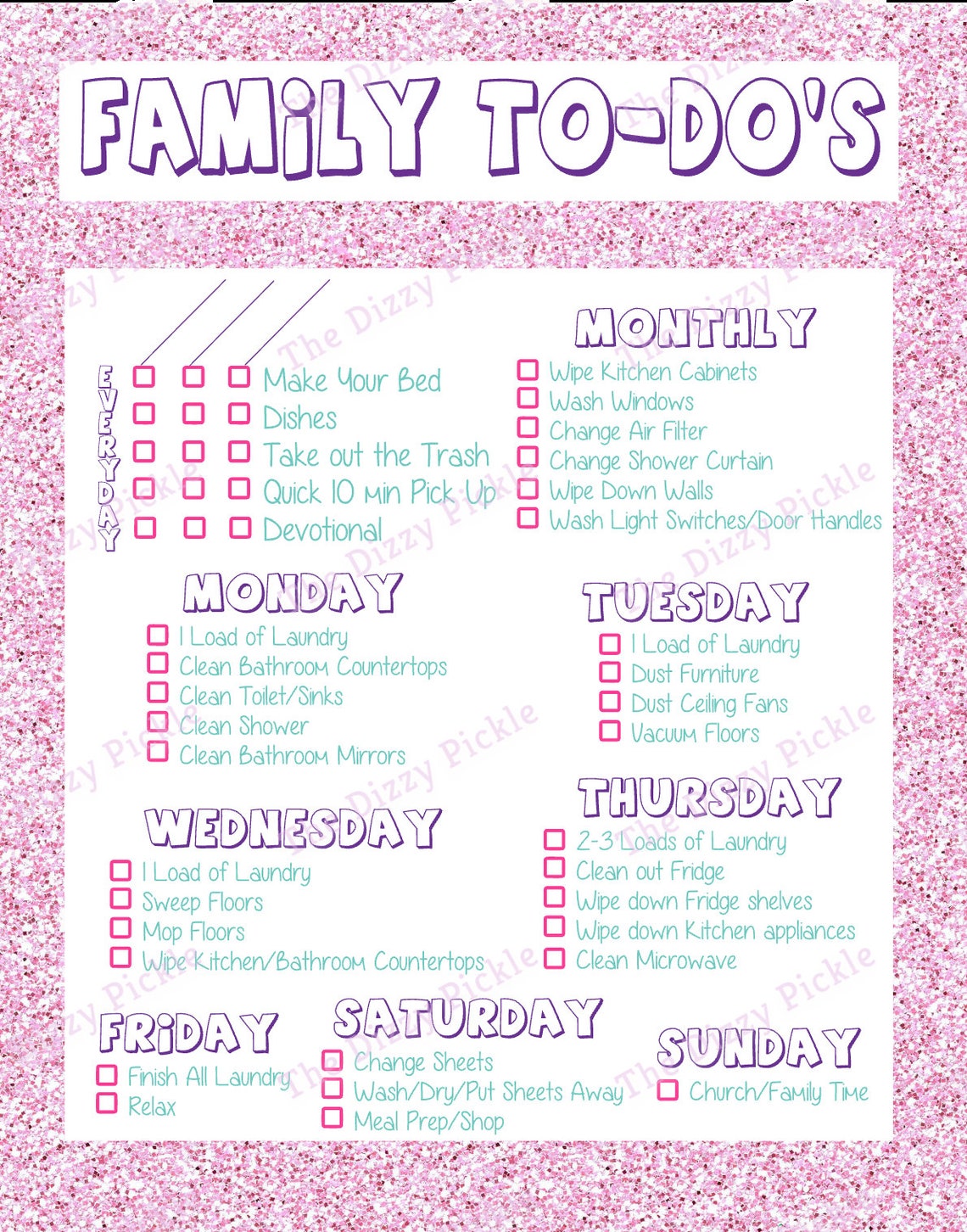 Pink Glitter Family Chore Chart Sublimation Design PNG File - Etsy