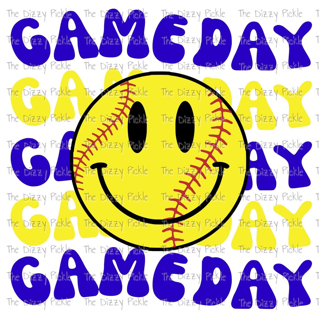 Baseball Softball Retro Smiley Face Game Day File Blue and Yellow Game ...