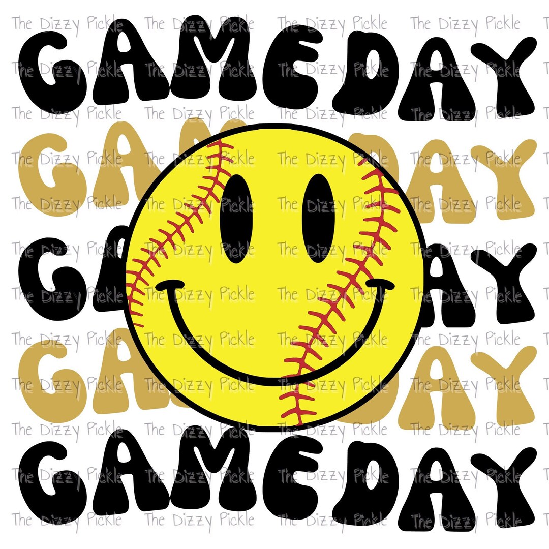 Baseball Softball Retro Smiley Face Game Day File Black and Gold Game ...