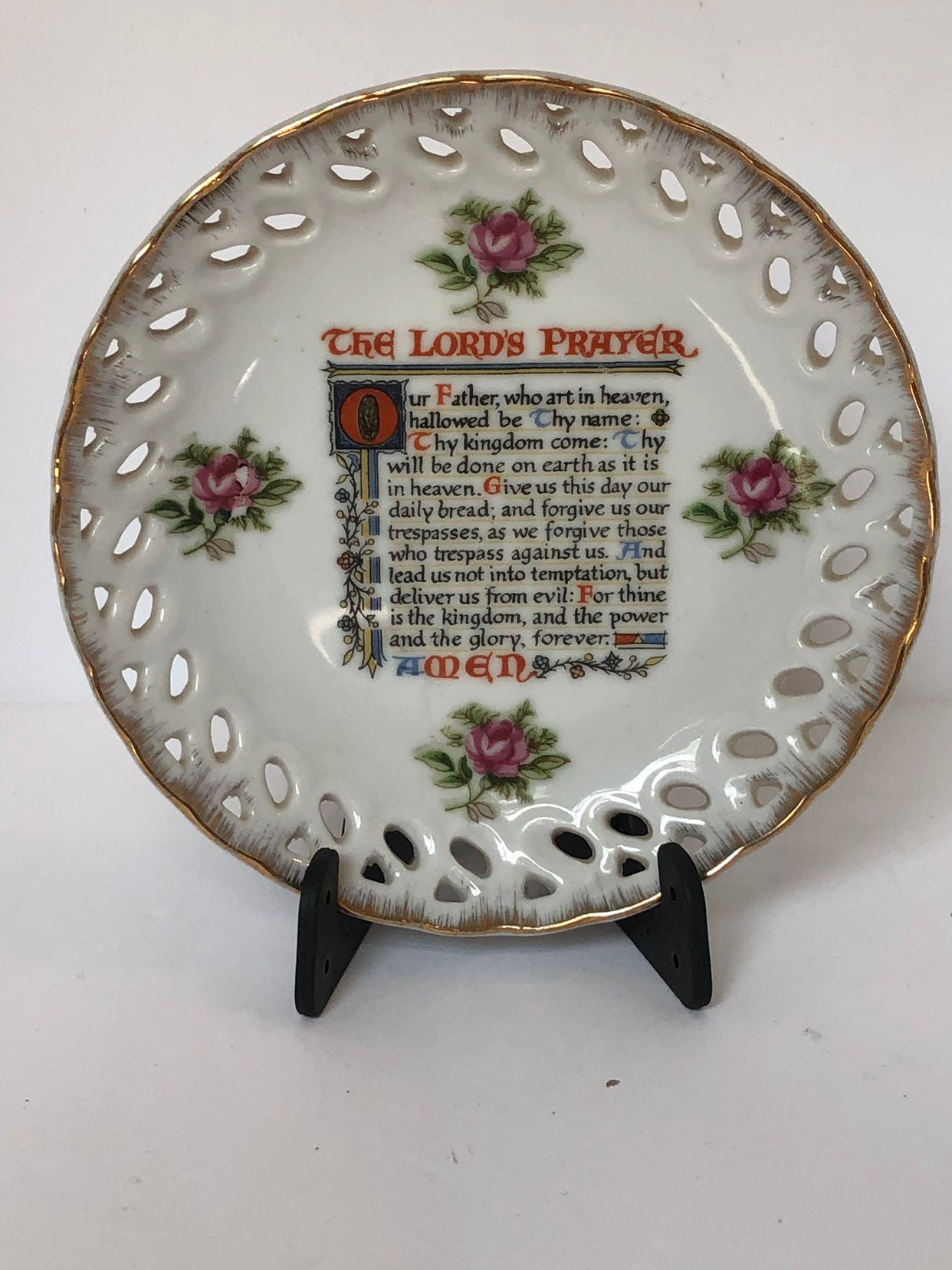 Lords Prayer Decorative Plate Wall Decor Lavender Clematis & Gold Jesus ...