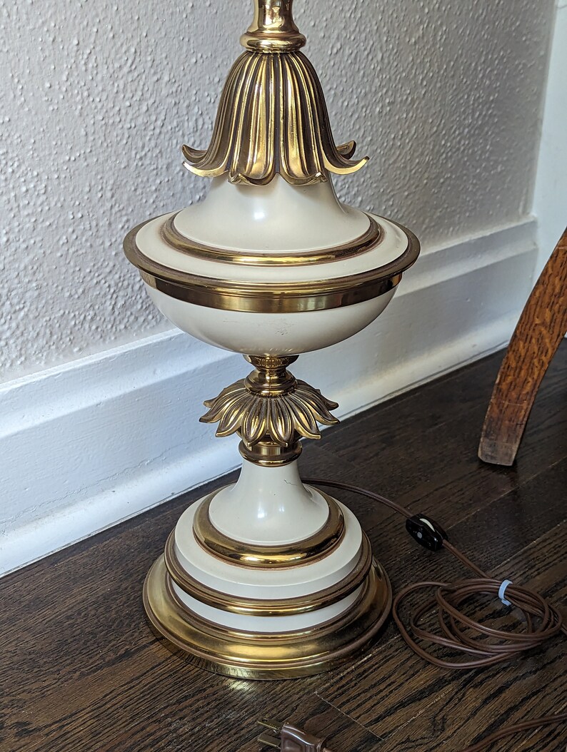 Vintage Stiffel Brass Torchiere Table Lamp MCM Hollywood Regency Cream ...