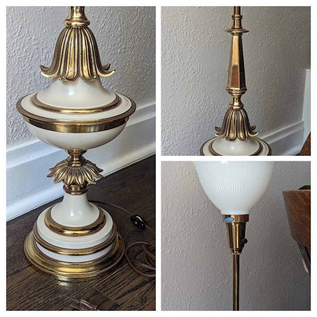 Vintage Stiffel Brass Torchiere Table Lamp MCM Hollywood Regency Cream ...