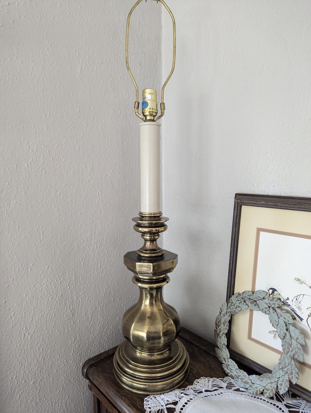 Stiffel Table Lamp Dark Brass Cream Metal Column Mid Century 34" Tall ...