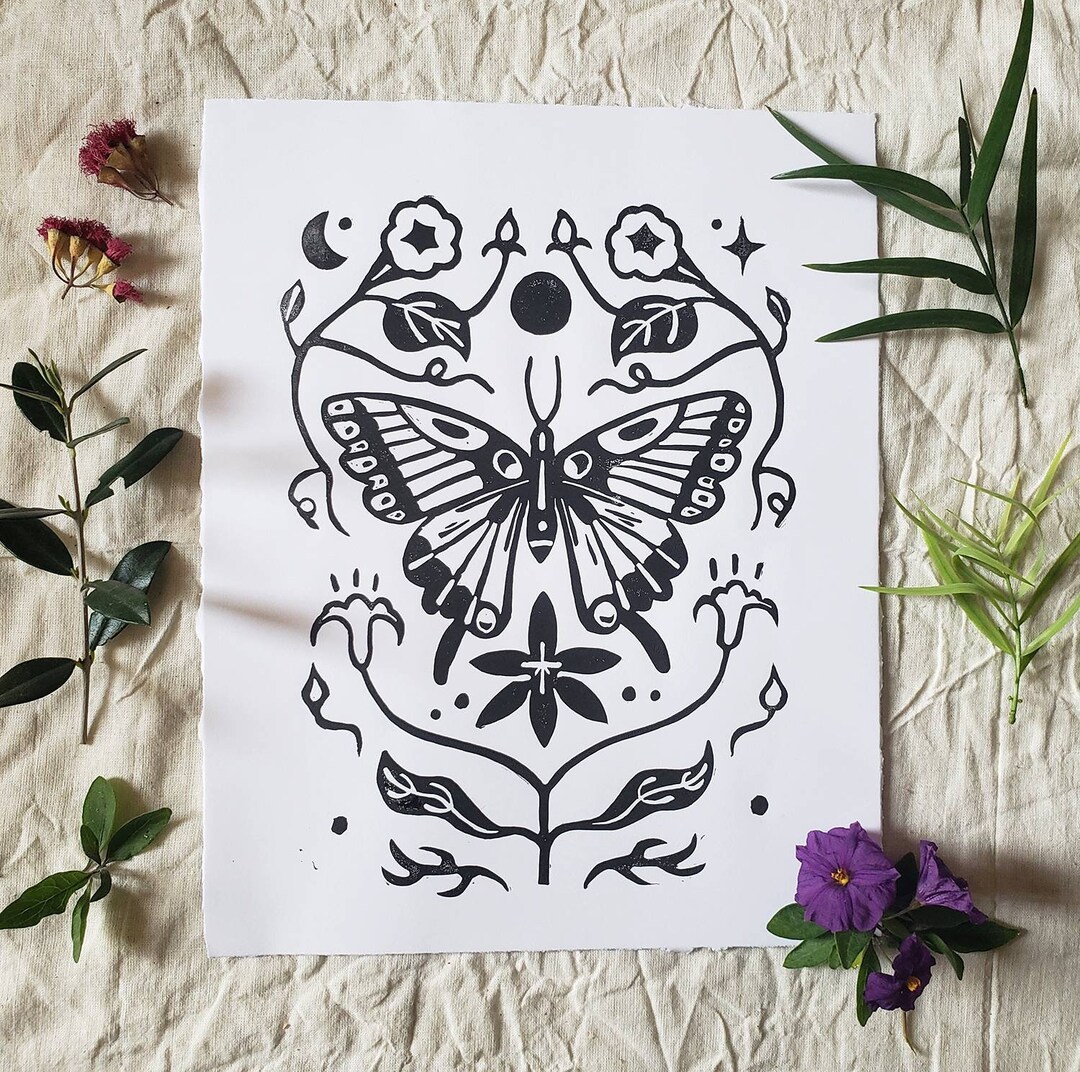 Moth 8 X 10 Linocut, Butterfly Art Print, Handmade Blockprint, Floral ...