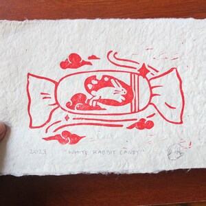White Rabbit Candy Blockprint, Original Lino Print, AAPI Wall Art ...