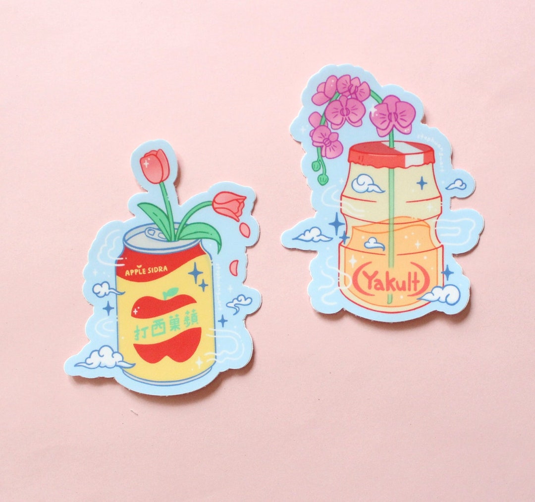 Yakult and Apple Sidra Vinyl Sticker, Asian Drinks With Flower, Orchid ...