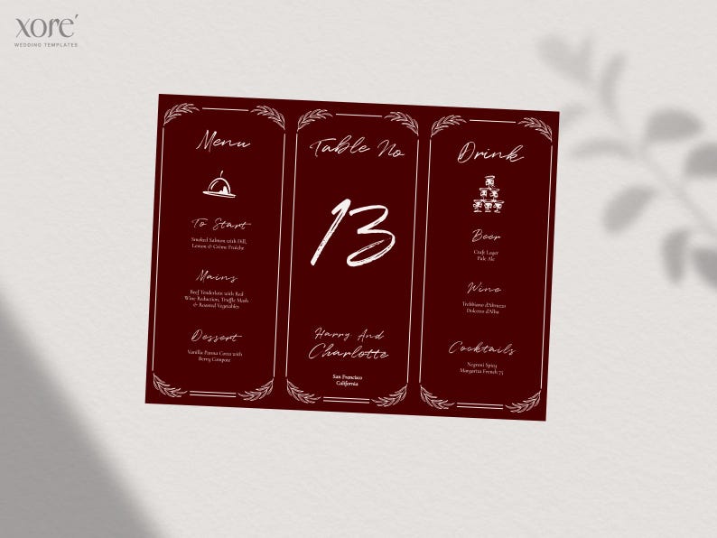 Trifold Menu Romantic Wedding Template | Sweet Couple Theme | Hand ...