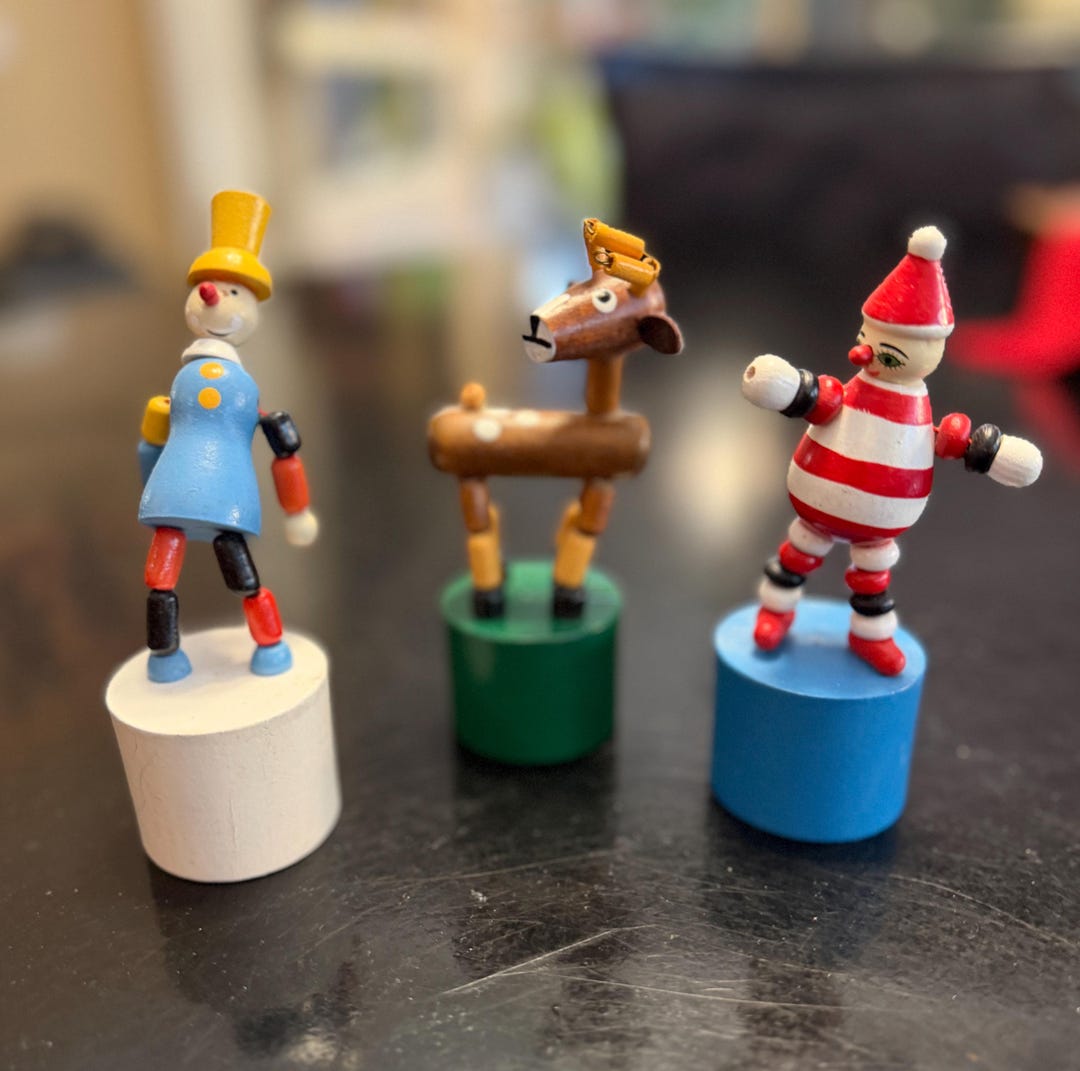 Three Vintage Wooden Push-up Toys, Clown, Reindeer and Santa - Etsy