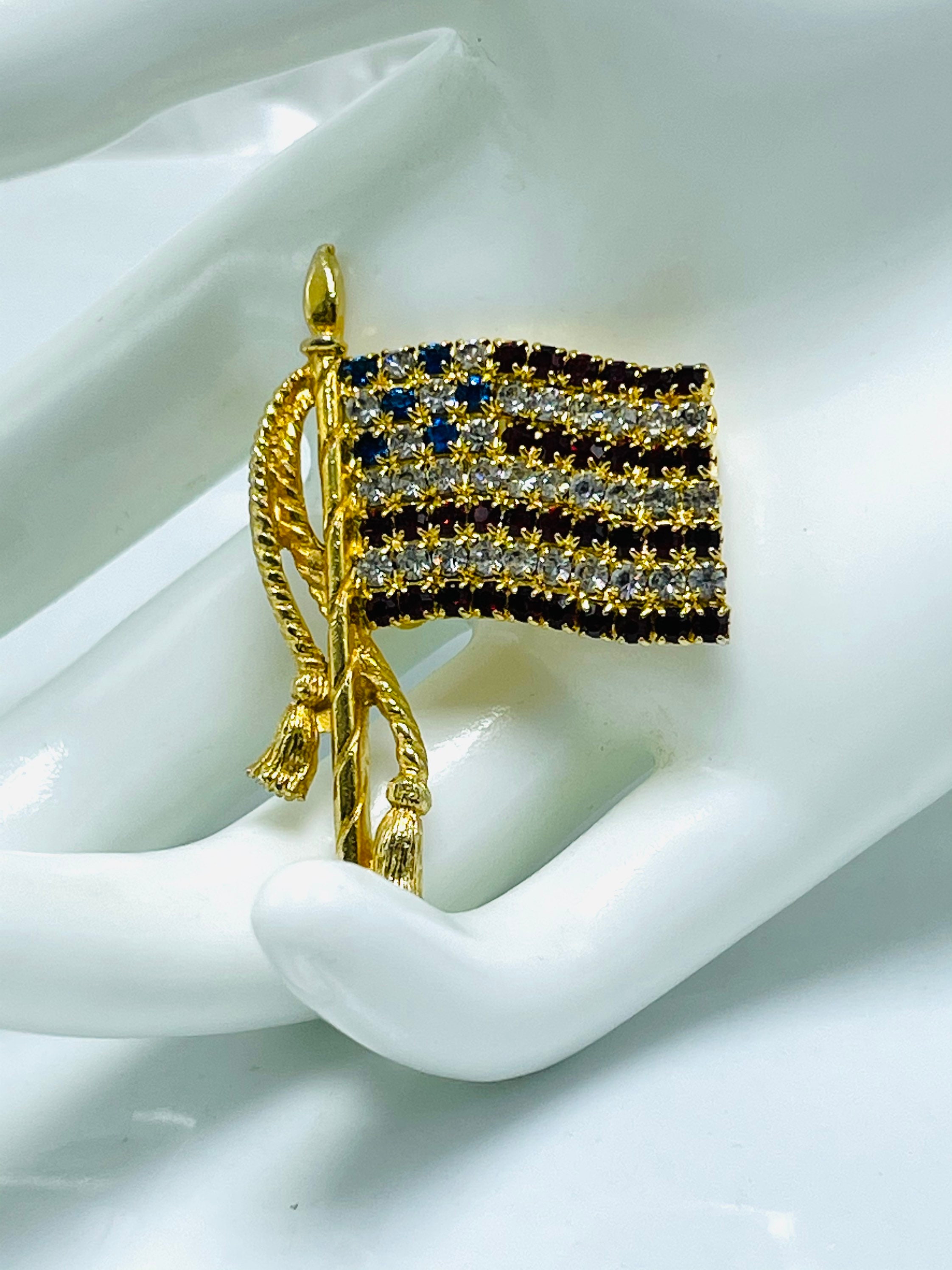 Patriotic American Rhinestone Flag Brooch Gold Tone Signed | Etsy