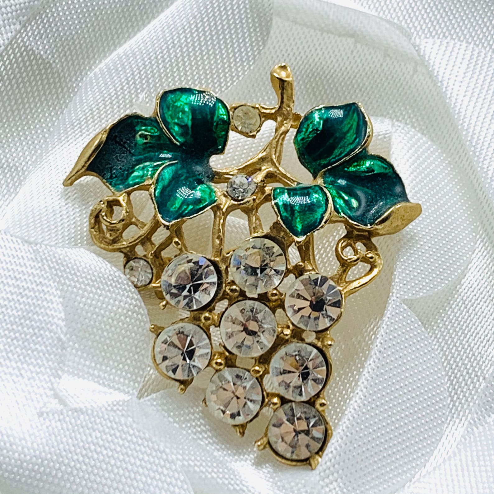 Vintage Rhinestone Grapes Cluster Brooch Gold Tone Enamel | Etsy