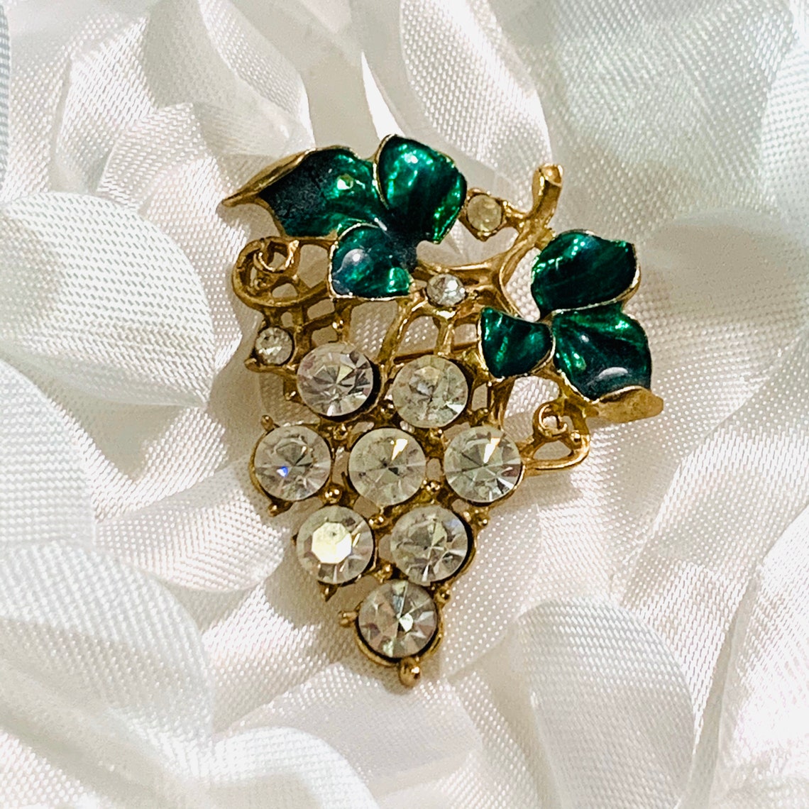 Vintage Rhinestone Grapes Cluster Brooch Gold Tone Enamel | Etsy