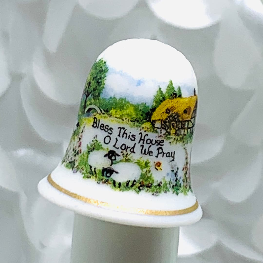 Porcelain Sewing Thimble Hand Painted Bless This House O Lord We Pray ...