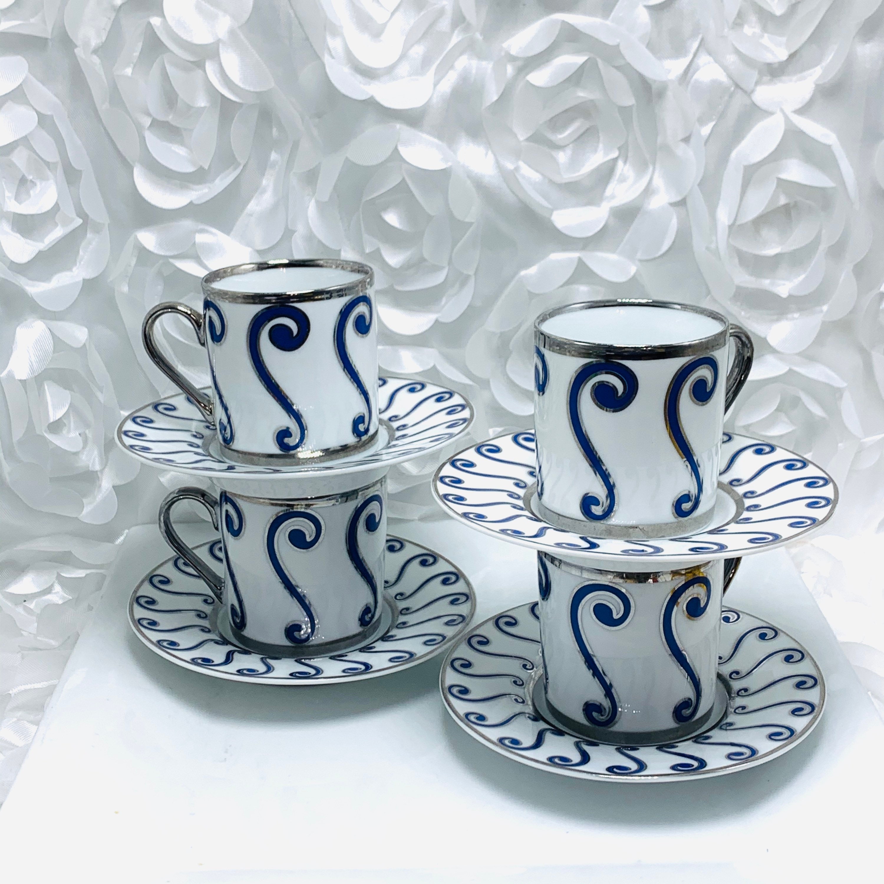 Tea Set Demitasse Espresso Cups And Saucers Navy Blue Silver | Etsy