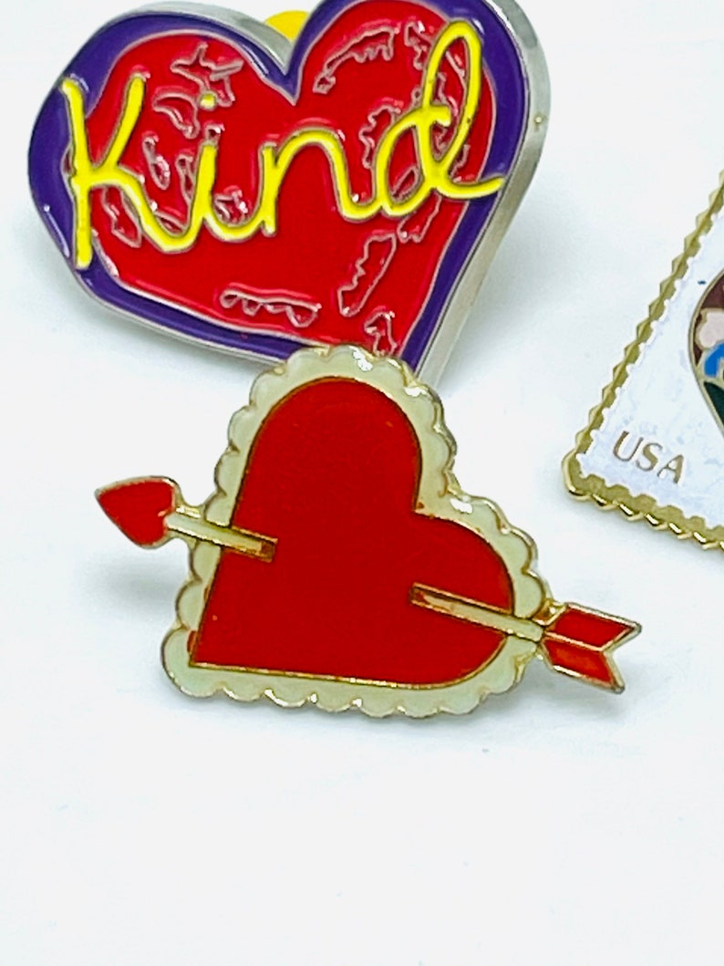 Valentines Heart Love Lapel Pins Set of 3 Enamel Heart Shaped and Stamp ...
